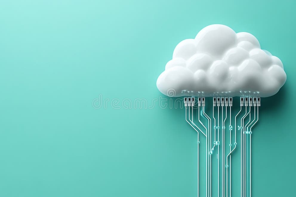 Abstract Cloud Computing Concept 3D Render of White Cloud with Circuit Board Connections on Teal ...