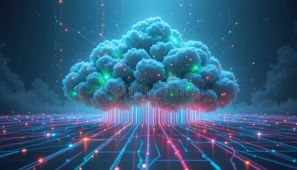 Abstract Cloud Computing Concept with Glowing Data Lines and Connections Stock Illustration ...
