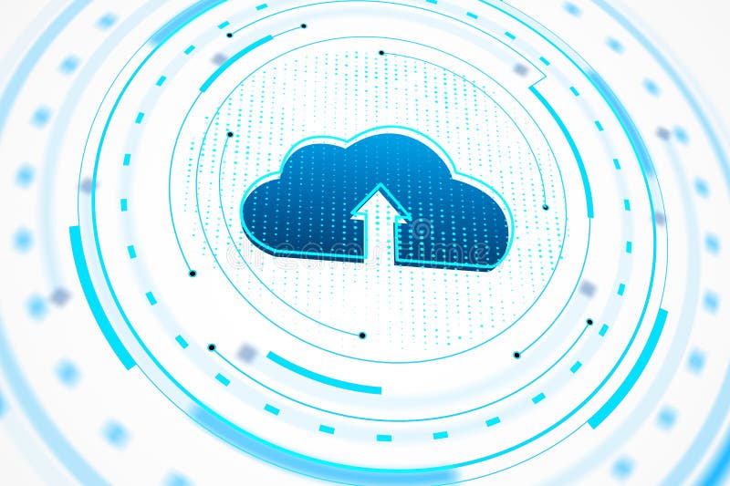 Abstract Cloud Computing Icon with Upload Sign on Tech-themed Background. 3D Rendering Stock ...