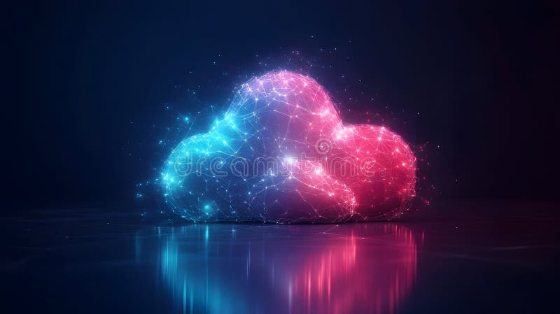 Abstract Cloud Computing Sparkles in Blue and Red Glowing Light on a ...