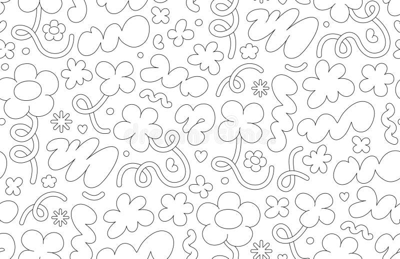 Abstract Cloud and Flower Shapes Seamless Pattern. Groovy Funky Flower ...