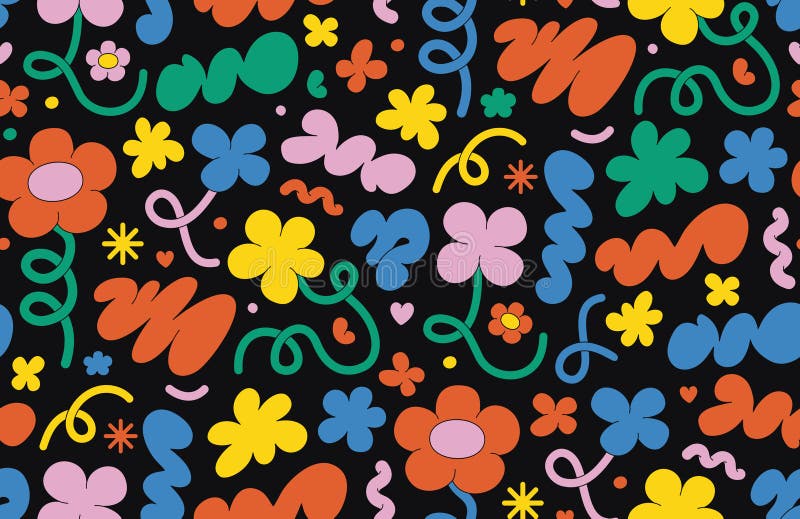 Abstract Cloud and Flower Shapes Seamless Pattern. Groovy Funky Flower ...