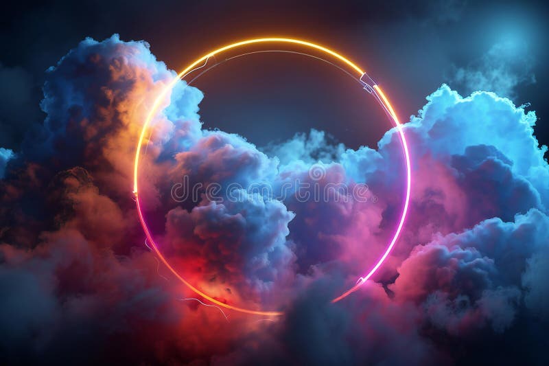 Abstract Cloud Illuminated with Neon Light Ring on Dark Background ...