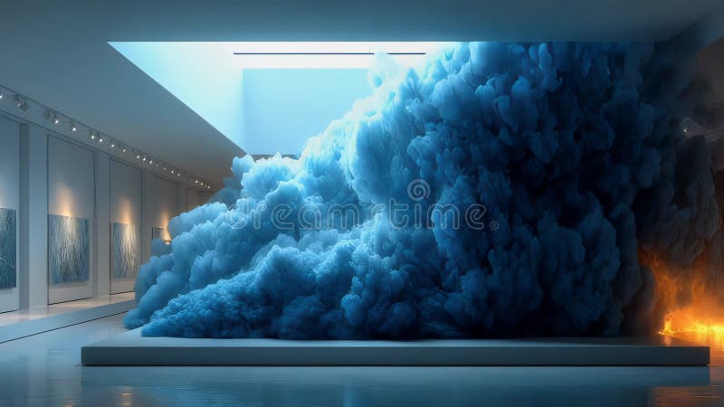 Abstract Cloud-like Sculpture Dramatically Lit in a Modern Gallery ...