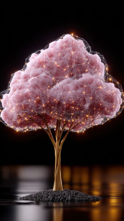 Abstract Cloud Tree with Geometric Network and Golden Trunk on Dark ...