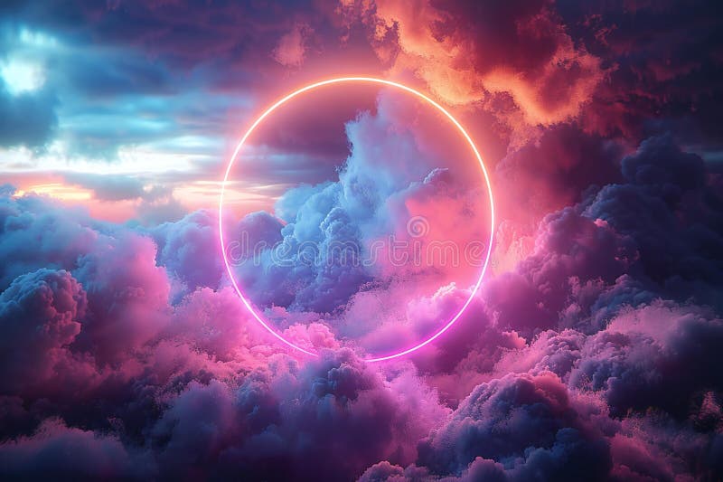 Abstract Clouds Illuminated with a Neon Light Ring on a Dark Background ...