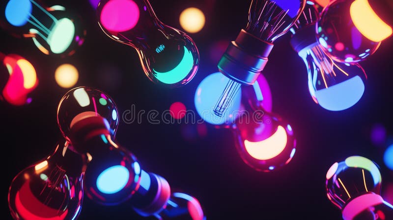 Abstract Cluster of Multicolored Neon Light Bulbs Suspended in Air ...