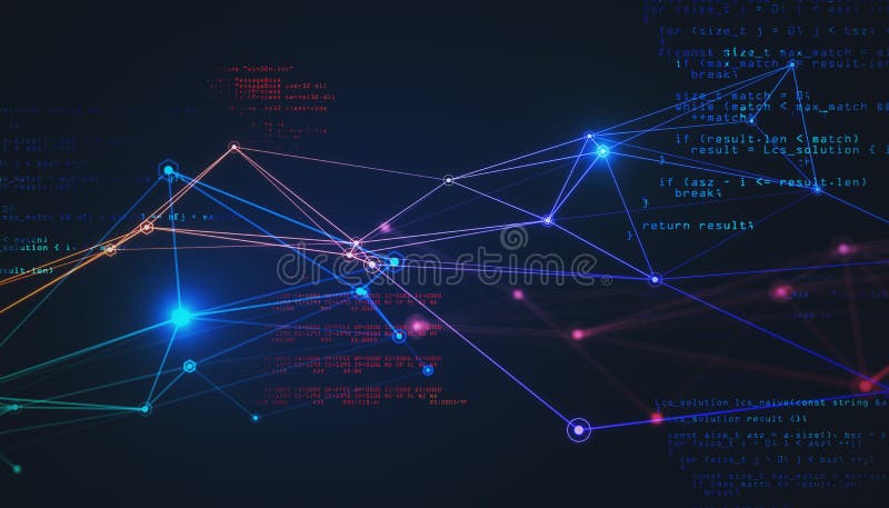 Abstract Coding Interface with Glowing Digital Lines on Dark Background. Information, Network ...