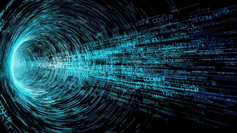 Abstract Coding Language Shapes Create a Tunnel Effect with Flowing Text and Vibrant Colors at ...