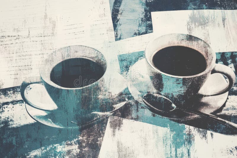 Abstract Coffee Cups and Saucers Art with Vintage Texture Overlay ...