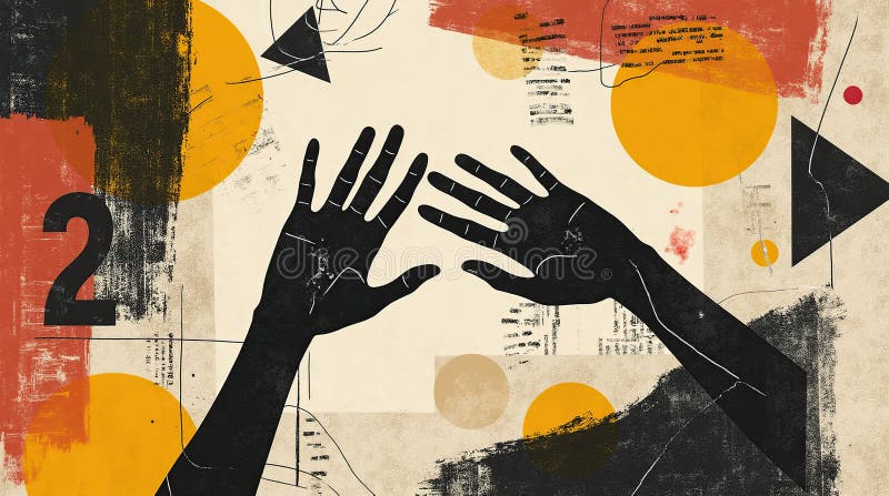 Abstract Collage Artwork Featuring Two Hands Reaching Out and Touching ...