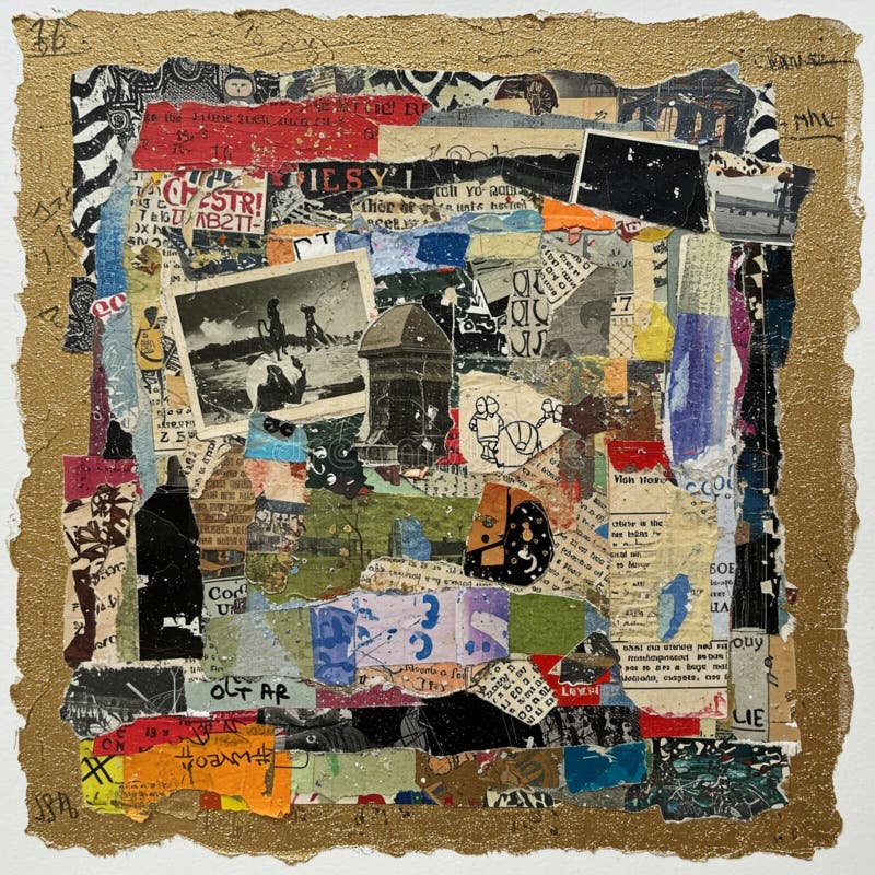An Abstract Collage Composed of Layered Paper Fragments Featuring ...