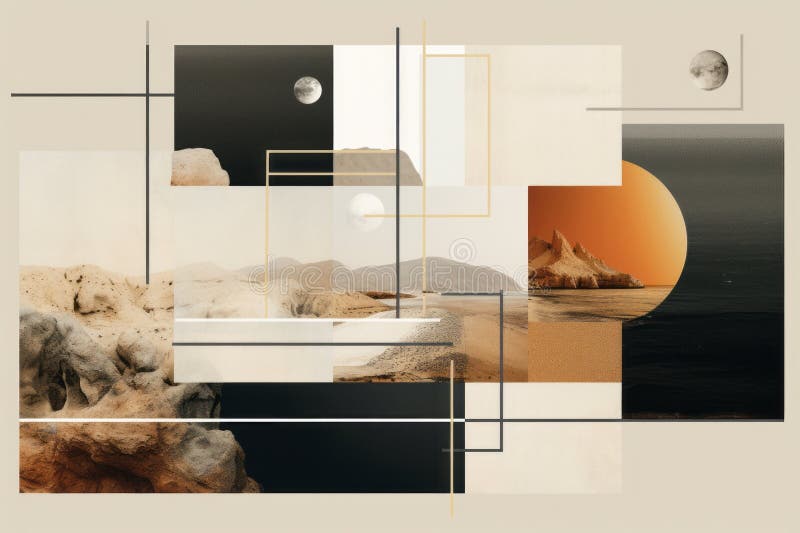 An Abstract Collage of a Desert Landscape with an Orange Moon in the ...