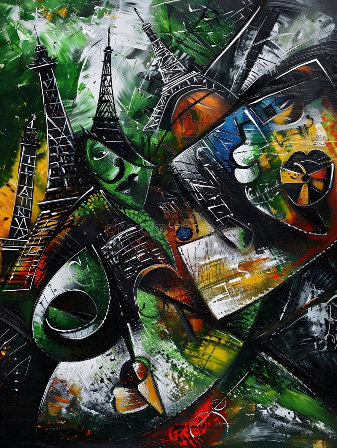 Abstract Collage Eiffel Tower, TV and Colorful Geometric Shapes Stock ...