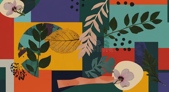 Abstract Collage Featuring Various Leafy Branches and Flowers Against a ...