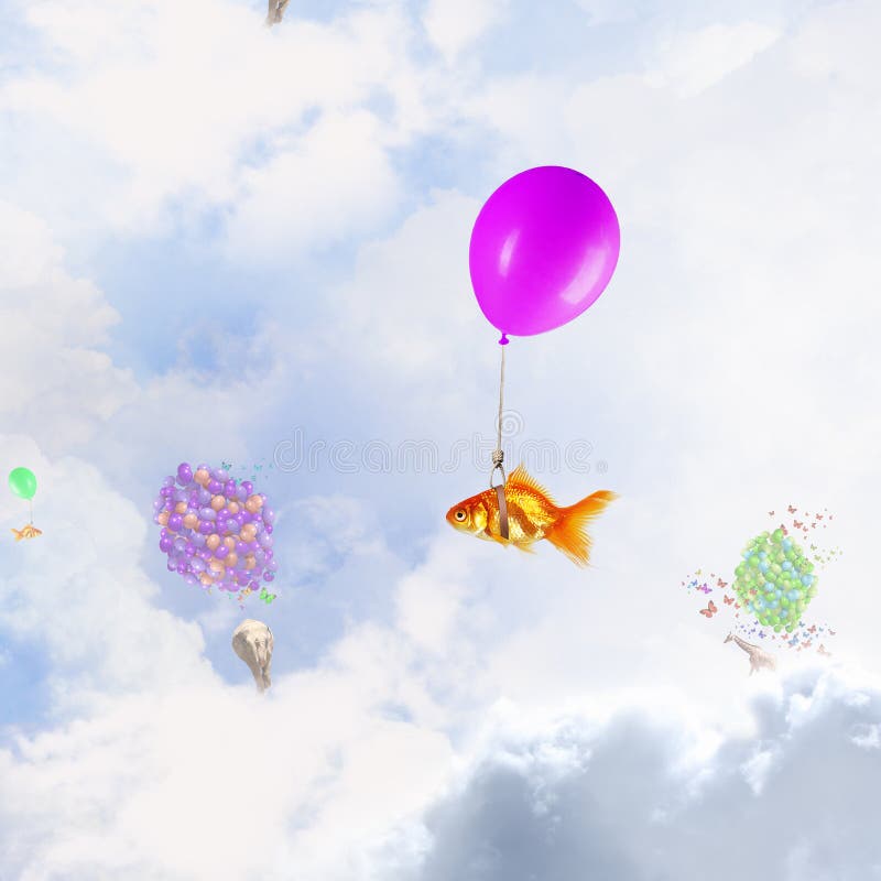 Abstract Collage. Floating Gold Fishes Under Baloons. . Mixed Media ...