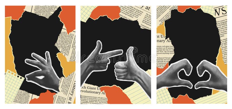 Abstract Collage Frame with Torn Piece Paper and Halftone Hand. Poster ...