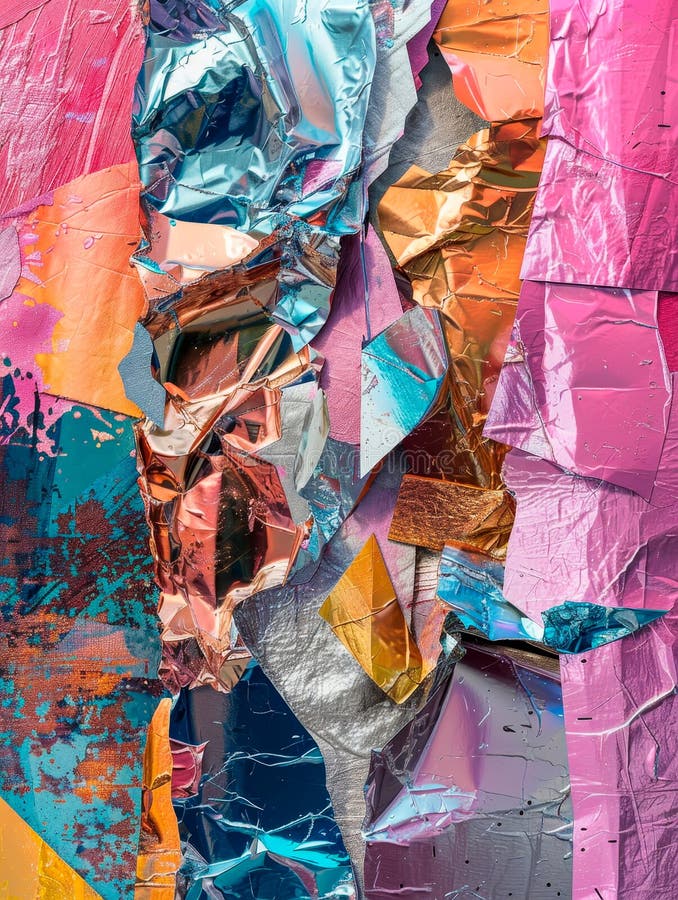 Abstract Collage with Metallic Foil Pieces, Various Textures ...