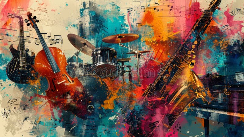 An Abstract Collage of Musical Notes and Instruments. Stock Photo ...