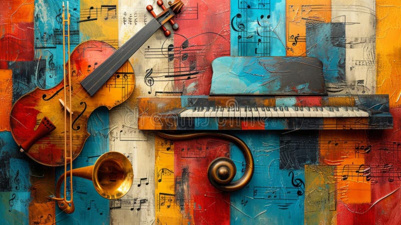 An Abstract Collage of Musical Notes and Instruments. Stock Image ...