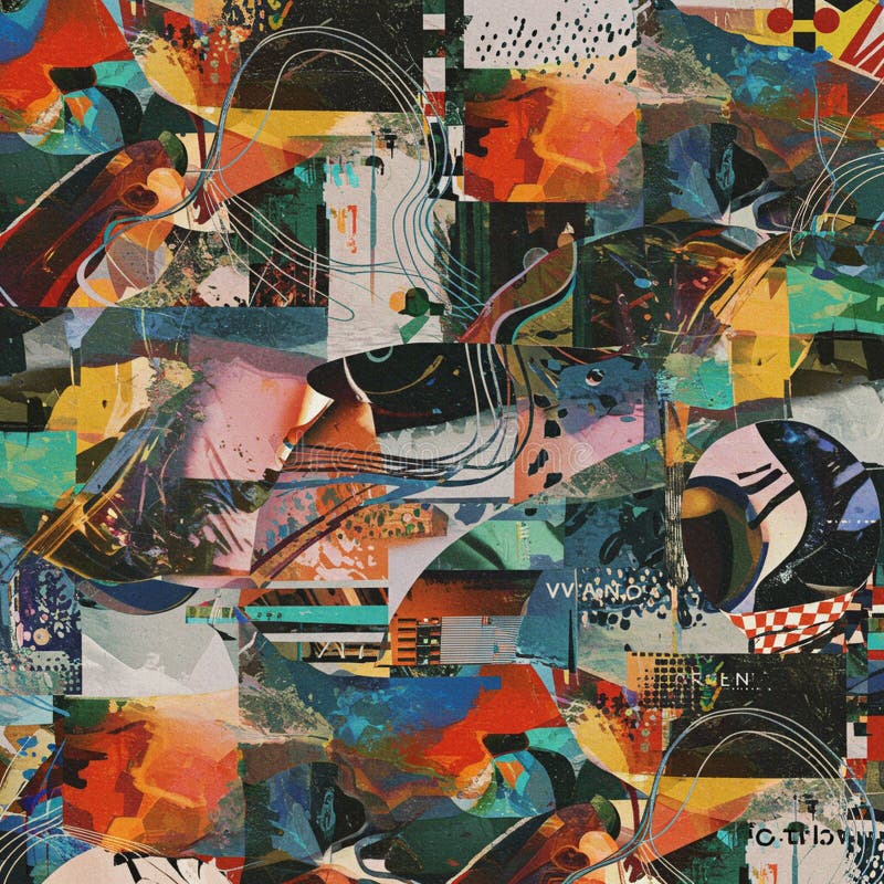 Abstract Collage with Overlapping Geometric Shapes, Patterns, and Lines ...