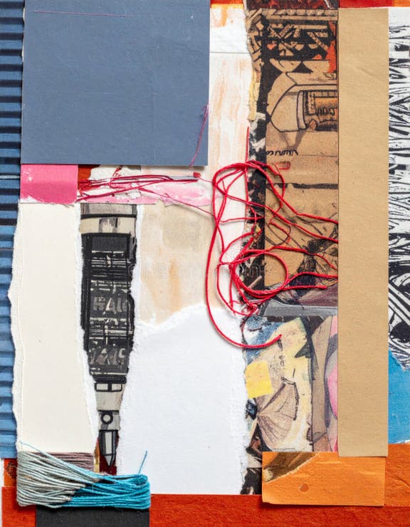 Abstract Collage with Red Thread and Textured Paper Stock Illustration ...
