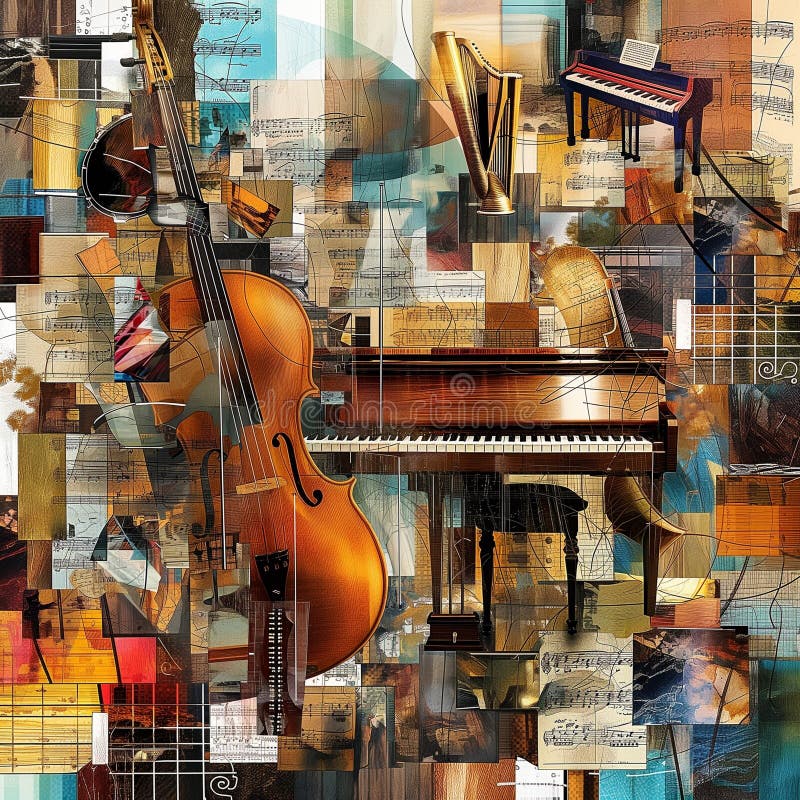 Abstract Collage of Vibrant Cutout Images of Musical Instruments and ...