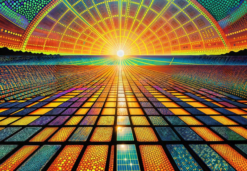 Abstract Color Background with Perspective Grid and Sun Rays in Blue ...