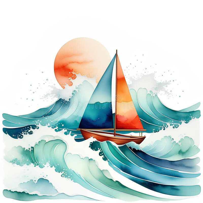 An Abstract Color Boat on Sea Waves. Stock Illustration - Illustration ...