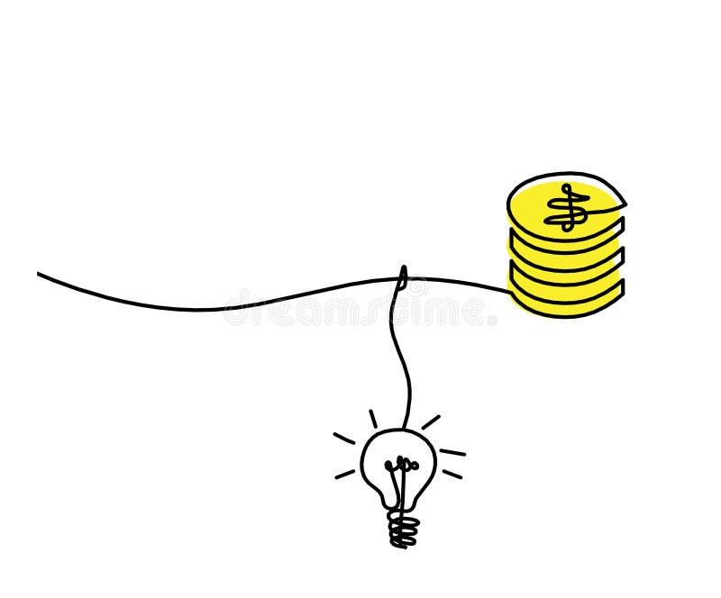 Abstract Color Coins Dollar with Light Bulb As Continuous Lines Drawing ...