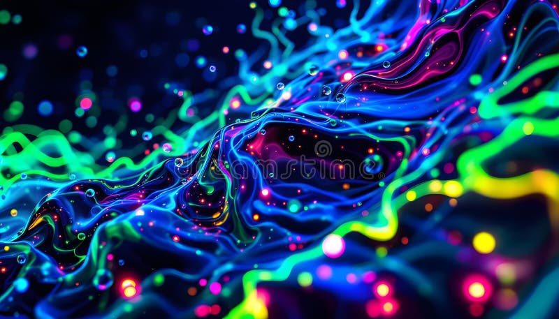 Lively Abstract Color Flow Interconnected with Glowing Light Drops and ...
