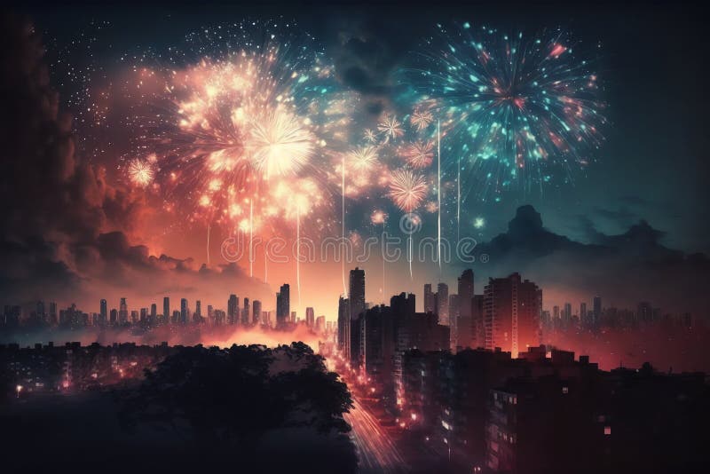 Abstract Colored Fireworks Over Night Town. Multicolored Fireworks in ...