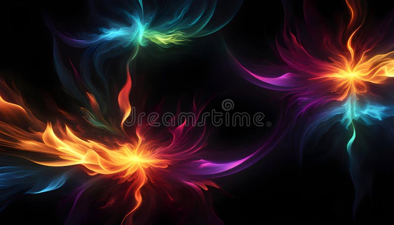 Abstract Colored Flames in a Burst on a Black Background with Copy ...