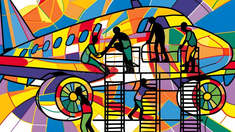 Abstract Colorful Airplane with Figures Climbing Ladders, a Vivid ...