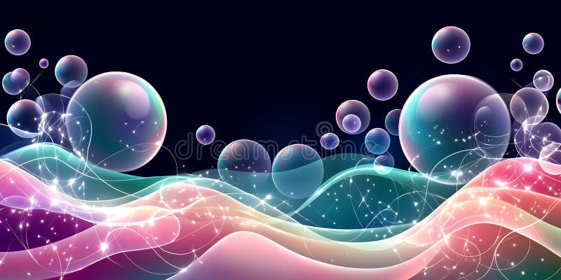 Abstract Colorful Bubbles Floating Over Wavy Lines Sparkling Glowing ...