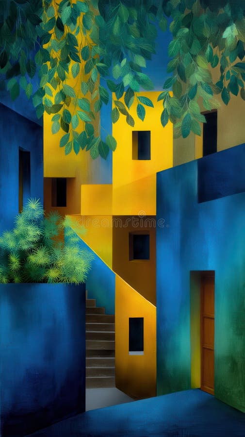 Abstract Colorful Buildings with Tree Branches and Sunlight Painting ...