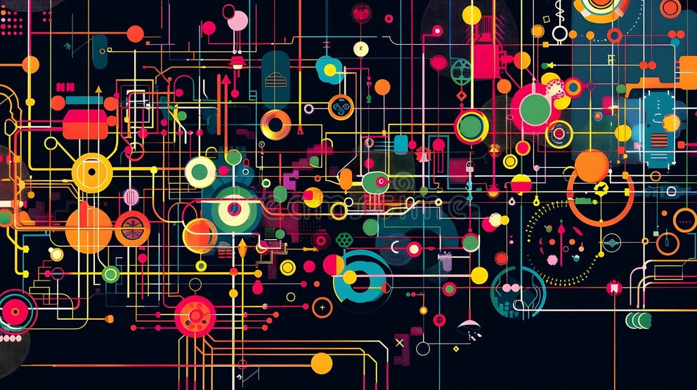 Abstract Colorful Circuitry, Interconnected Nodes and Vibrant Lines ...