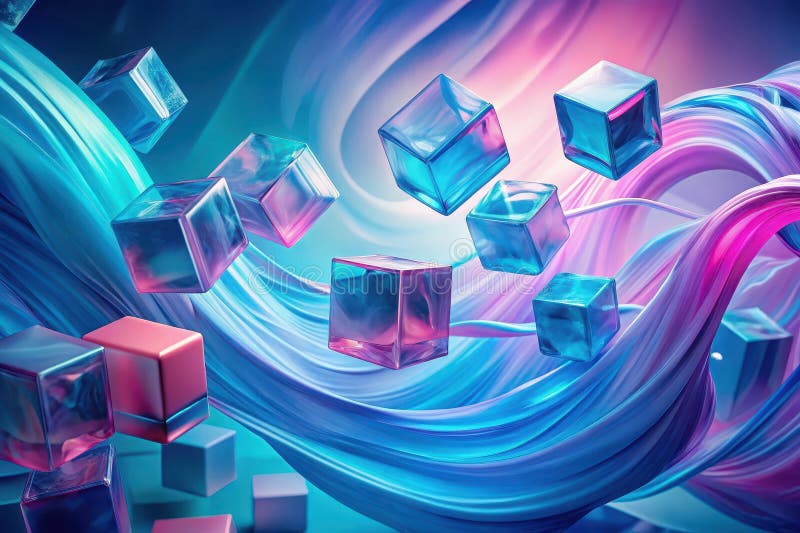 Abstract Colorful Cubes Floating in a Dynamic Swirling Fabric Wave ...