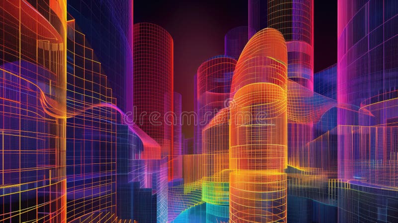Abstract Colorful Digital Wireframe Cityscape at Night. Stock Image ...