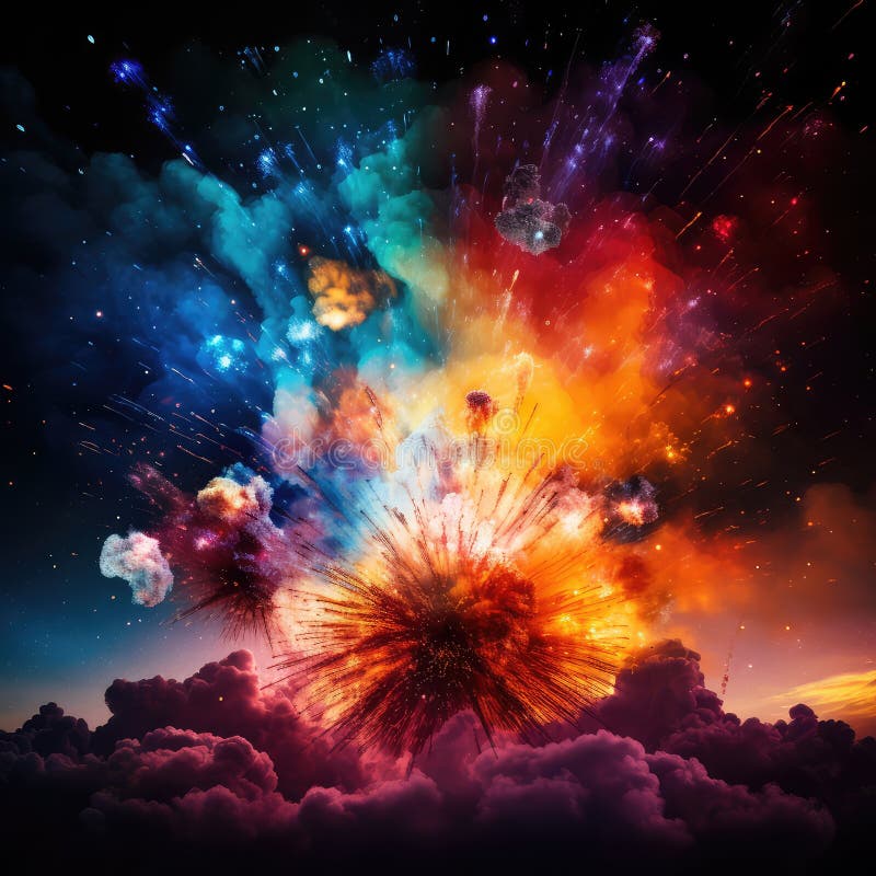Abstract Colorful Explosion in the Night Sky. 3d Render Illustration ...