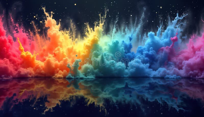 Abstract Colorful Explosion Reflected in Dark Surface. Vivid Rainbow ...