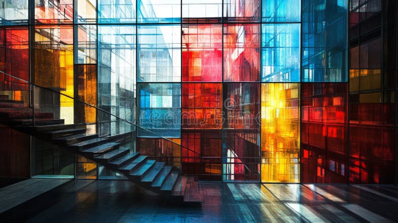 Abstract Colorful Glass Building Interior with Stairs Stock ...