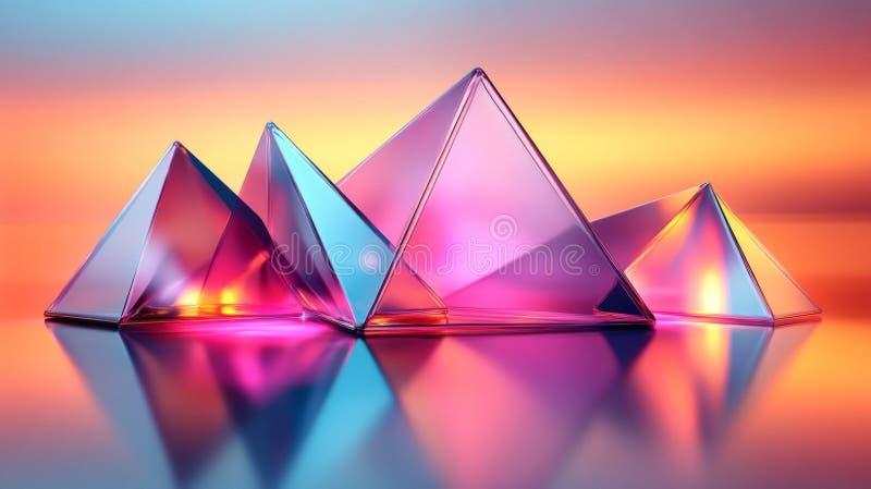 Abstract Colorful Glass Pyramids on Reflective Surface Stock ...
