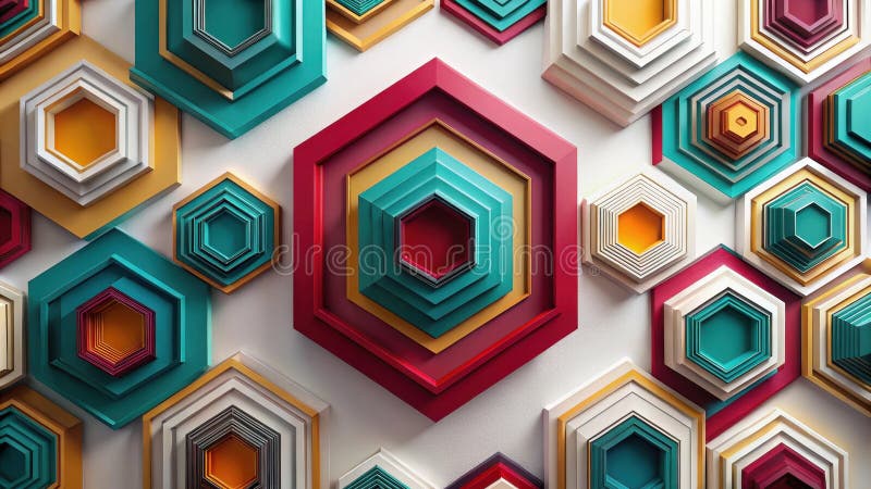 Abstract Colorful Hexagon Pattern Design Featuring Nested Geometric Shapes Generative Ai Stock