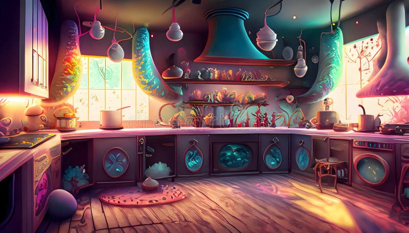 Abstract Colorful Magical Kitchen Room on Digital Art Concept ...