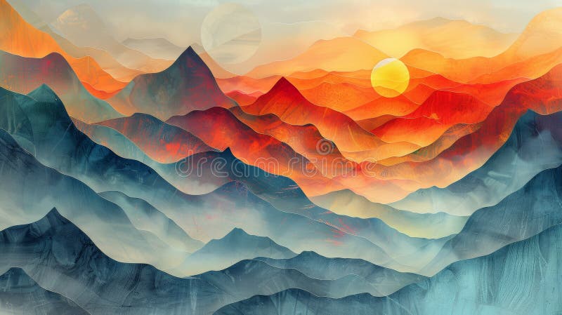 Abstract Colorful Mountain Range with Sun Stock Image - Image of ...