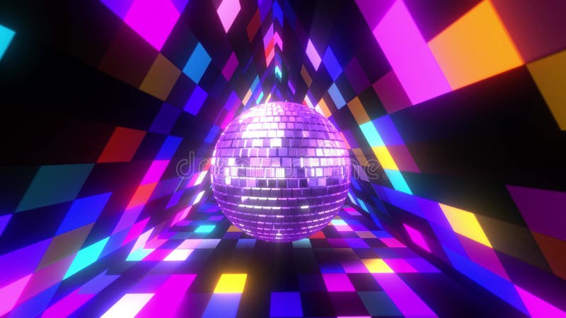 Abstract Colorful Neon Visual Dynamic Loop Background of Disco Ball in Endless Triangle Tunnel ...