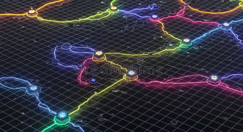 Abstract Colorful Network Map with Glowing Lines Stock Illustration ...