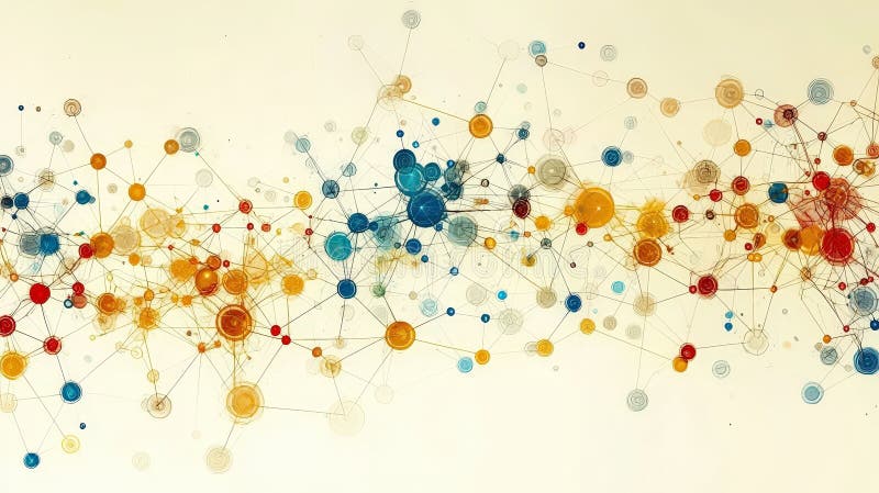 Abstract Colorful Network Visualization of Nodes and Connections in Shades of Blue, Red, Yellow ...