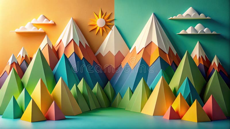 Abstract Colorful Paper Mountain Range Landscape with Sun and Clouds ...
